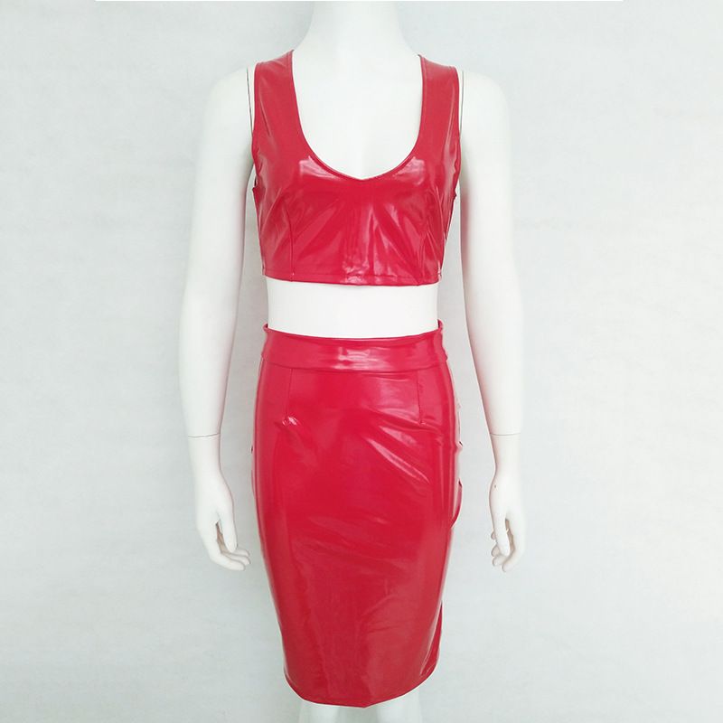 2020 Fashion Women Red PU Leather Two Piece Dress Sexy Deep V Neck Crop ...