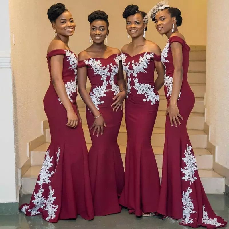 Sexy African Bridesmaid Dresses Burgundy With White Appliques Backless