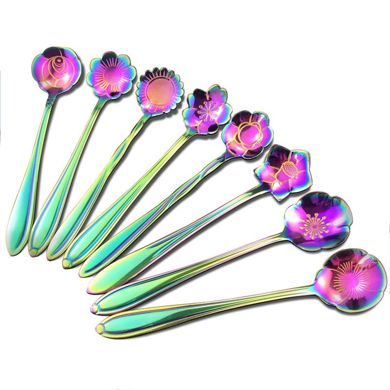 2020 Rainbow Stainless Steel Tableware Creative Flower Coffee Spoon ...