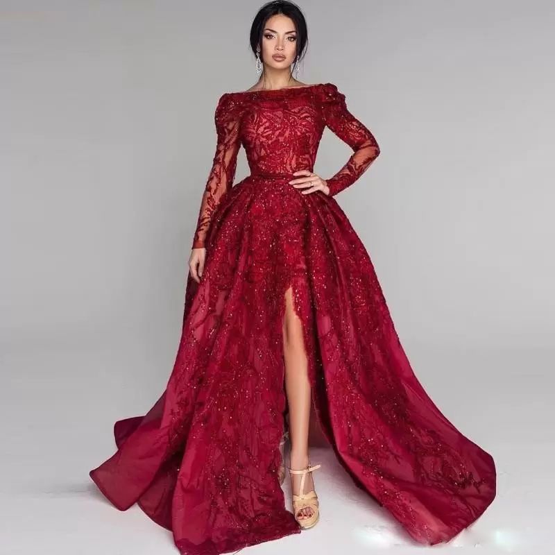 Sparkly Red Ball Gown Prom Dresses Bateau Neck Long Sleeve Side Split