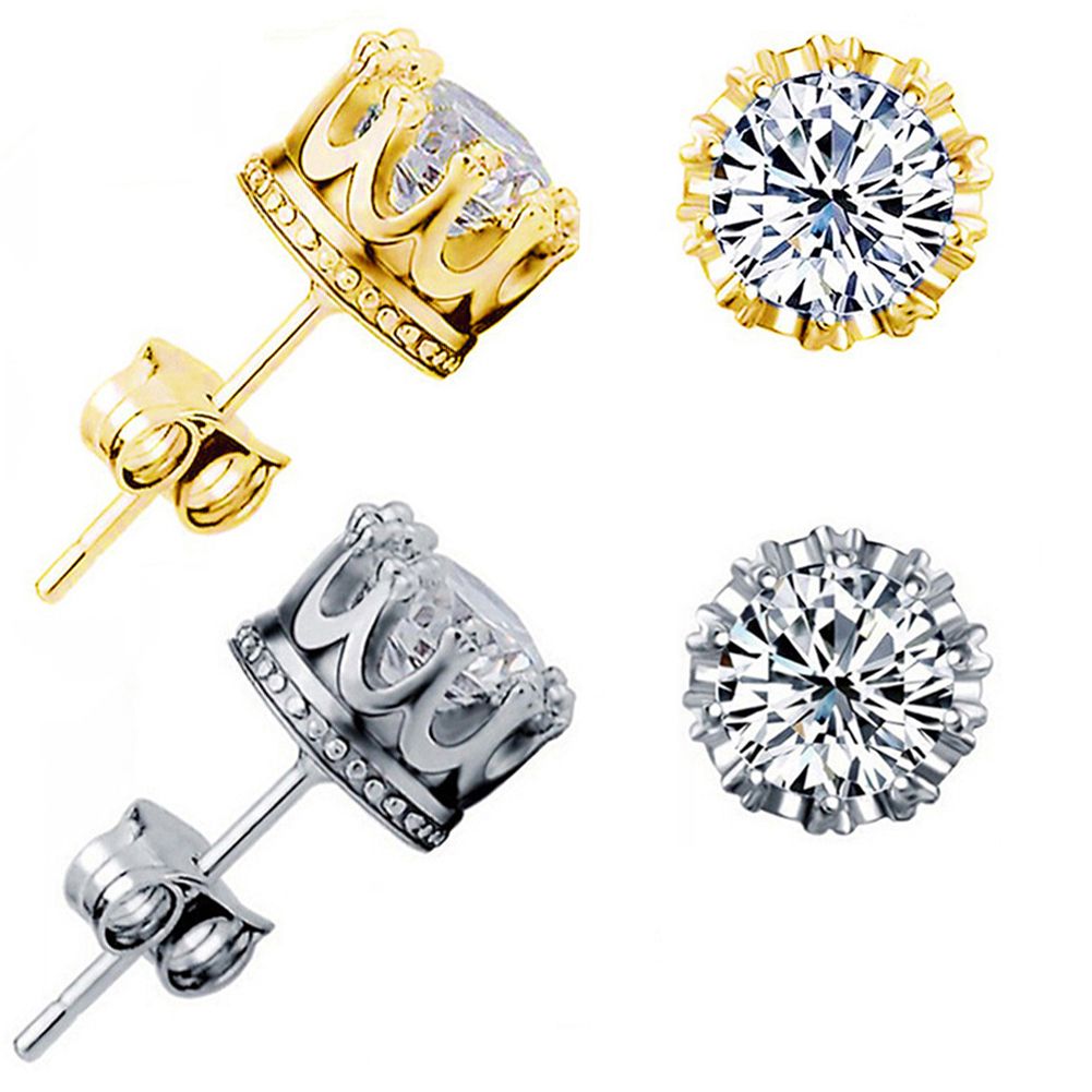 Gold Earring Mens 6mm Round Cut CZ Men Earrings AAA Cubic Zirconia Stud ...