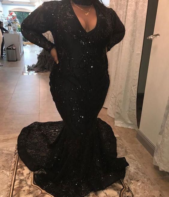 Plus Size Black Mermaid Prom Dresses 2018 New Long Sleeve V Neck Lace
