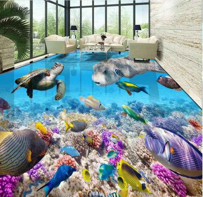 Three Dimensional Floor Tile Underwater World Tropical Fish Coral Reef ...