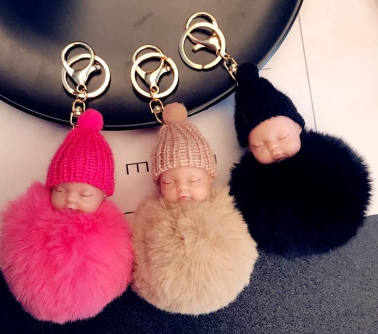 Colorful Cute Sleeping Baby Doll Keychain Pompom Rabbit Fur Ball Key ...