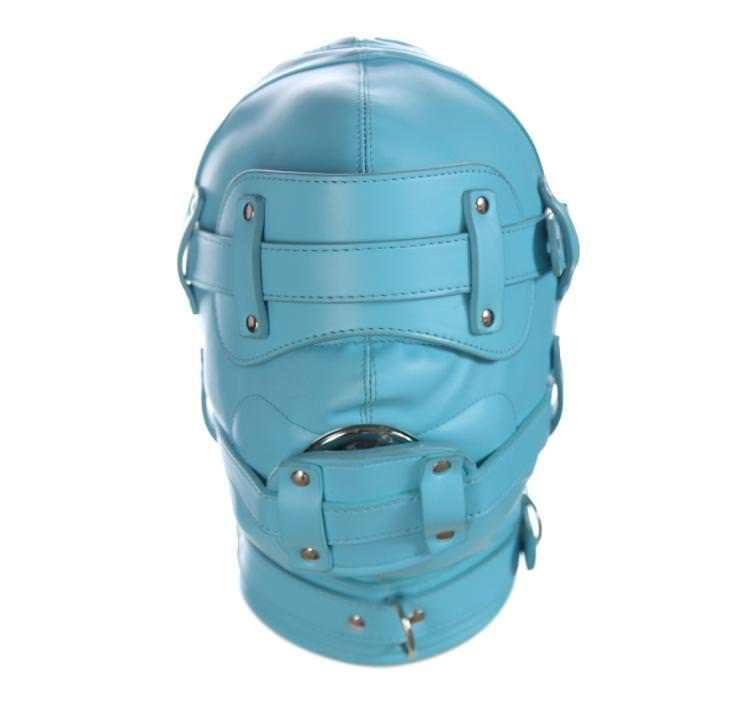 Blue Lockable Soft PU Leather Gimp Hood Sensory Deprivation Mask Mask ...