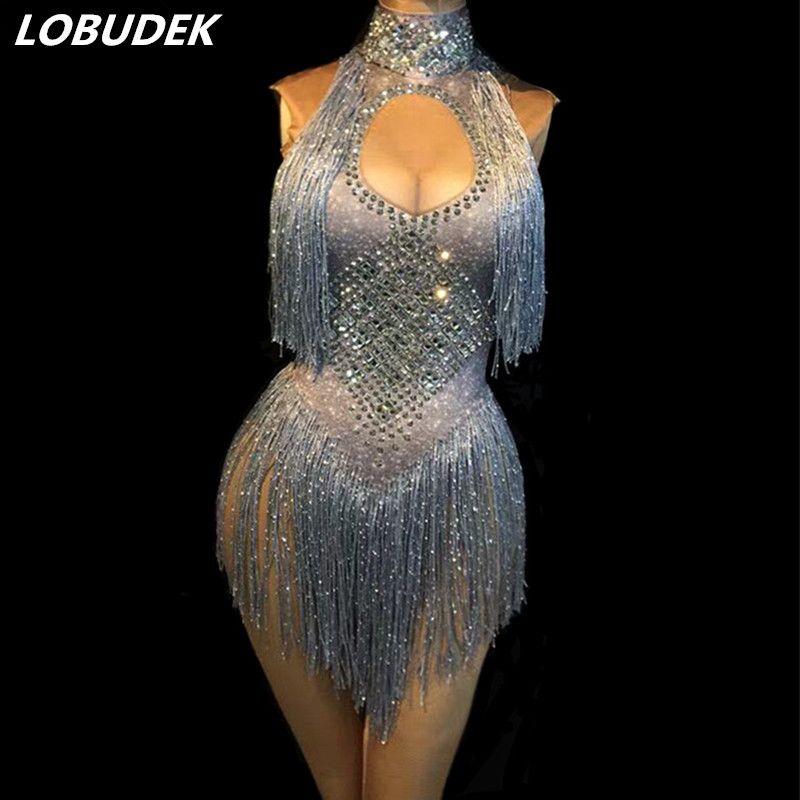 2019 Silvery Rhinestones Tassels Bodysuit Crystals Sleeveless Skinny