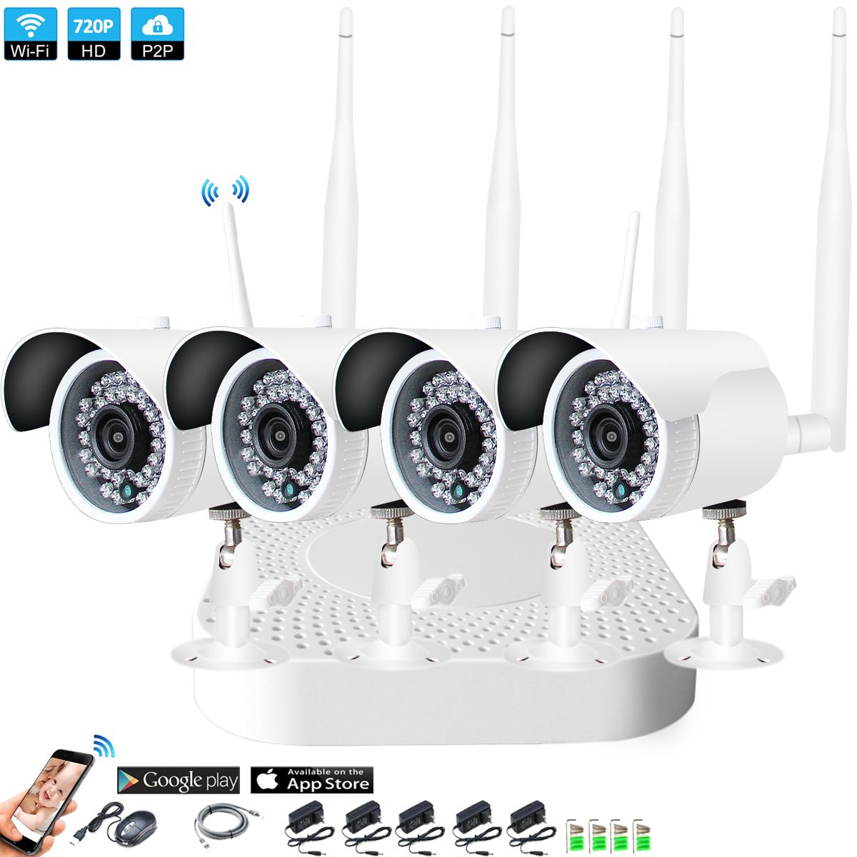 2020 4CH 1080P HD Wireless NVR Kit P2P 720P Outdoor IR Night Vision ...