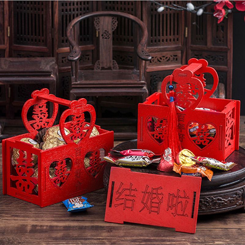 Creative Design Wood Chinese Double Happiness Wedding Favor Boxes Candy ...