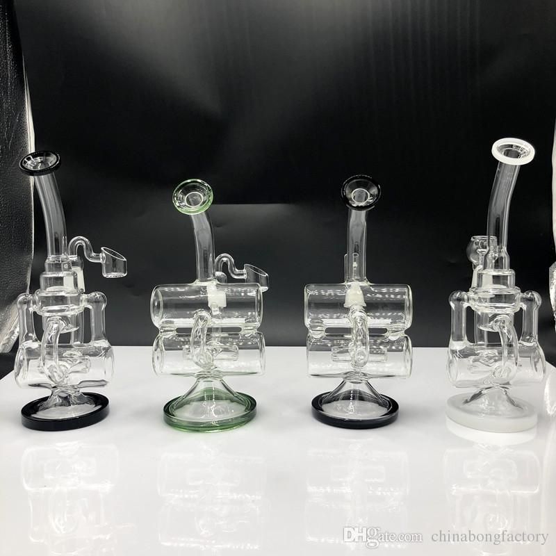 2019 Double Barrel Glass Bong Inline Perc Recycler Dab Rig Cool Oil Rig ...