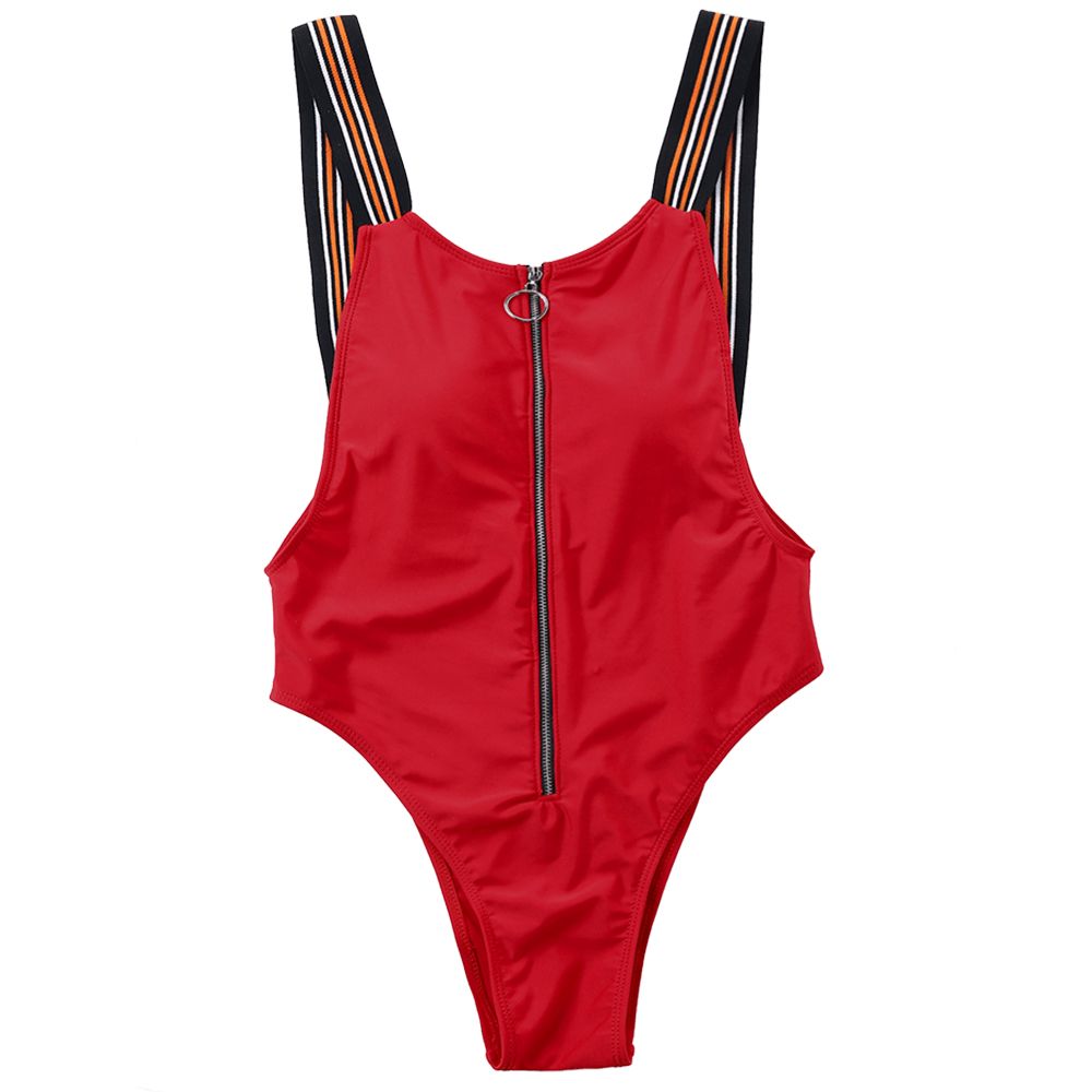 2021 Zip Front One Piece Swimwear High Waist Swimsuit Striped Red