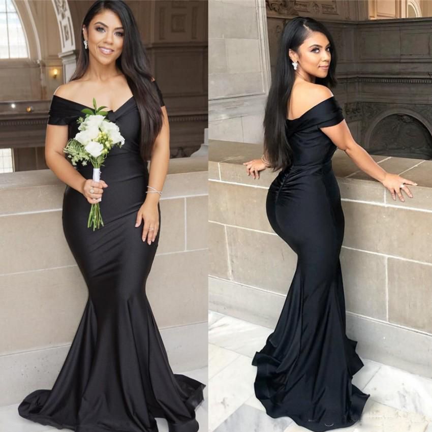 Black Mermaid Bridesmaid Dresses Sexy Off Shoulder V Neck Pleats Long