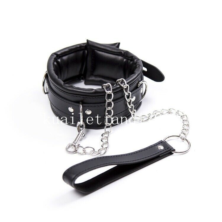 Slave Padded Leather Bondage Neck Collar With Chain Lead Leash ...