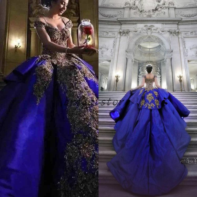 Royal Blue Ball Gown Prom Dresses Beaded Gorgeous Cap Sleeves Applique ...