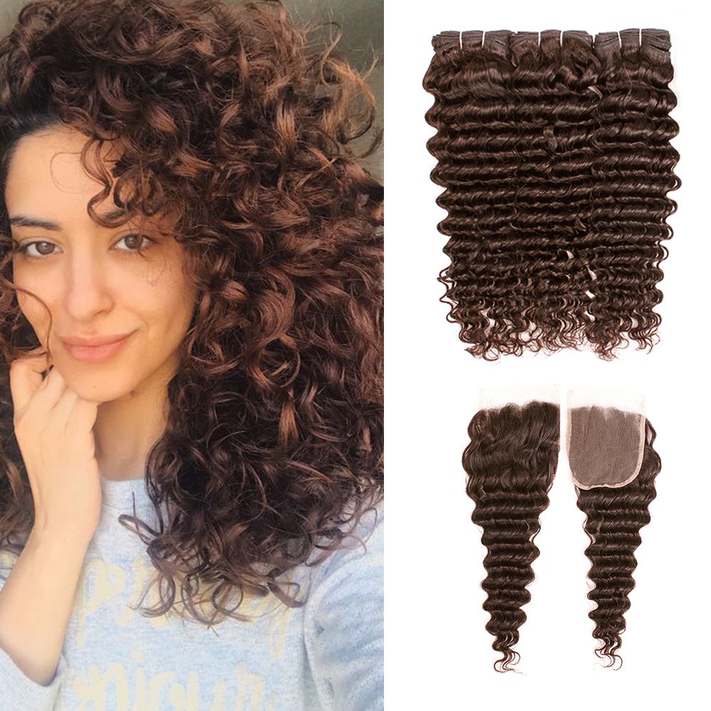 2020 8A Deep Curly Wave Bundles With Closure #4 Medium Brown Brazilian ...