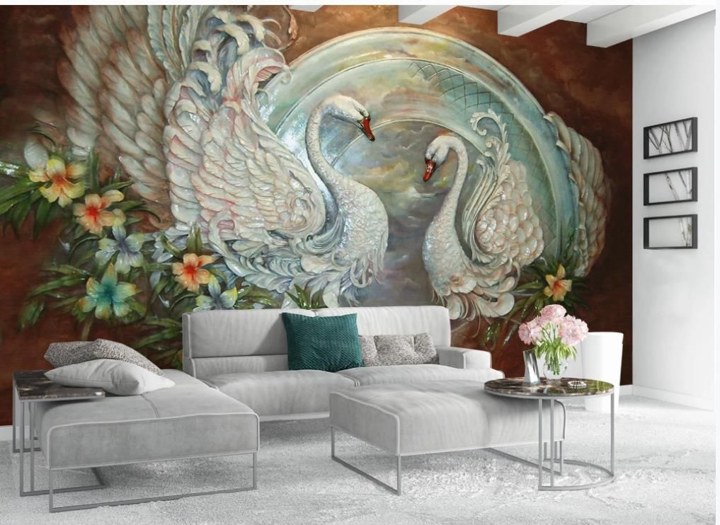 Custom Living 3d Wallpaper Three Dimensional Relief Swan Flower ...