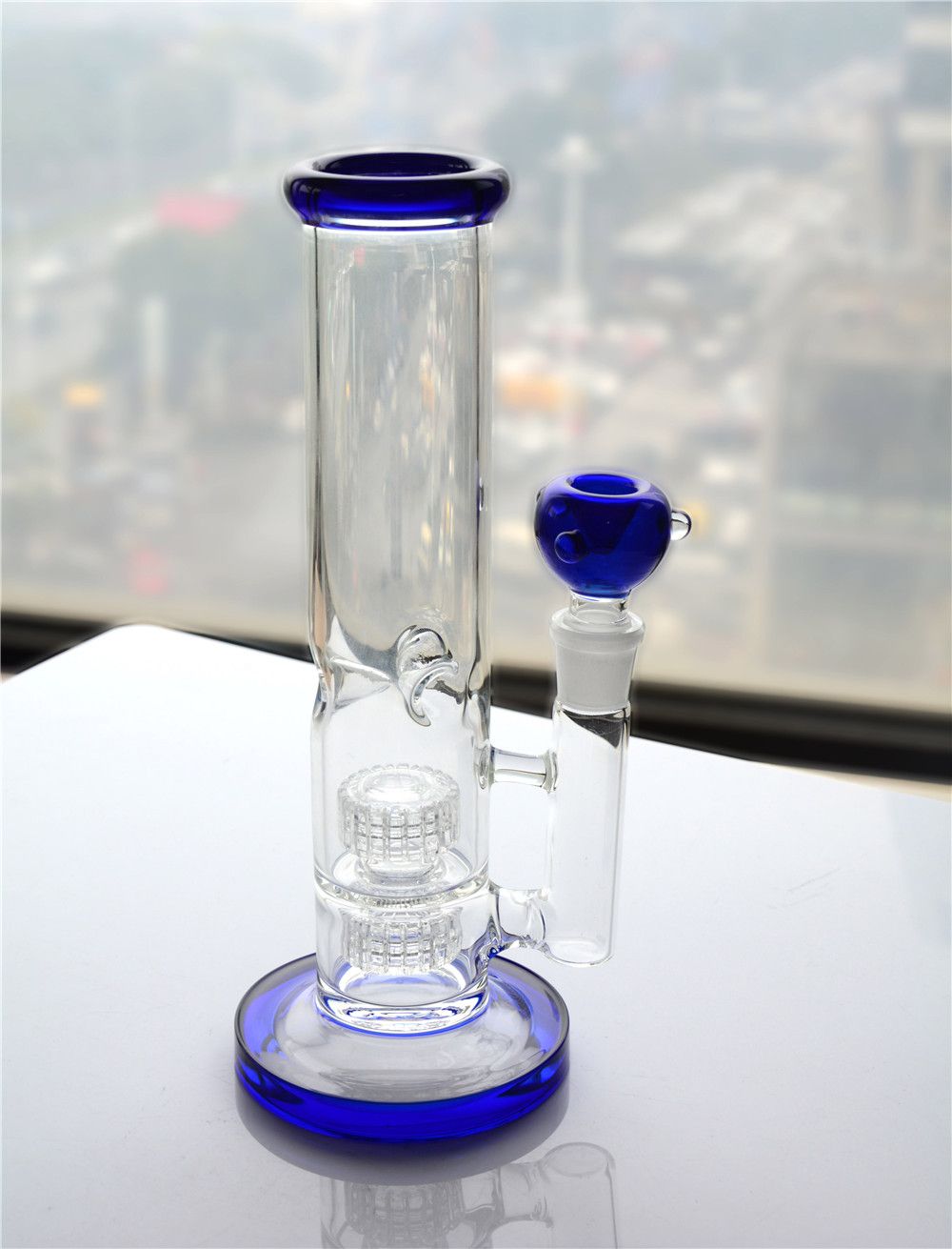 2020 Blue New Straight Tube Glass Bongs With Colored Diffuse Stereo ...