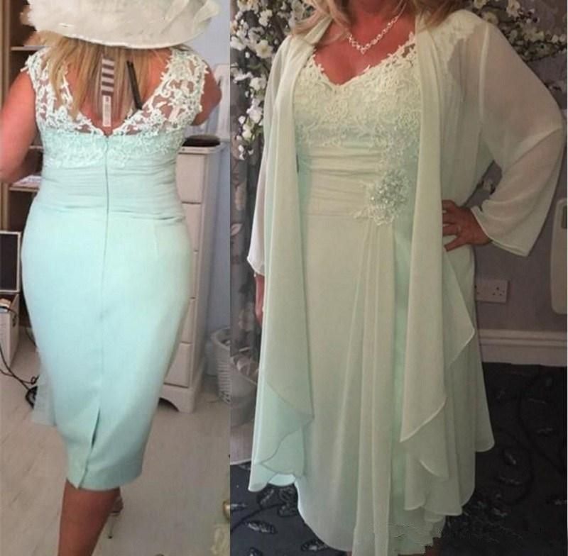 Plus Size Sage Green Sheath Mother Of Dresses V Neck Chiffon Appliqued