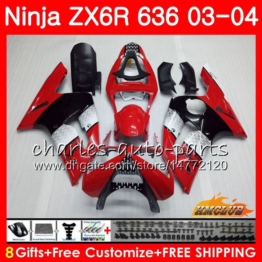 Body For KAWASAKI NINJA ZX600 Red Black Hot ZX636 ZX 6R 03 04 ZX 636 ...