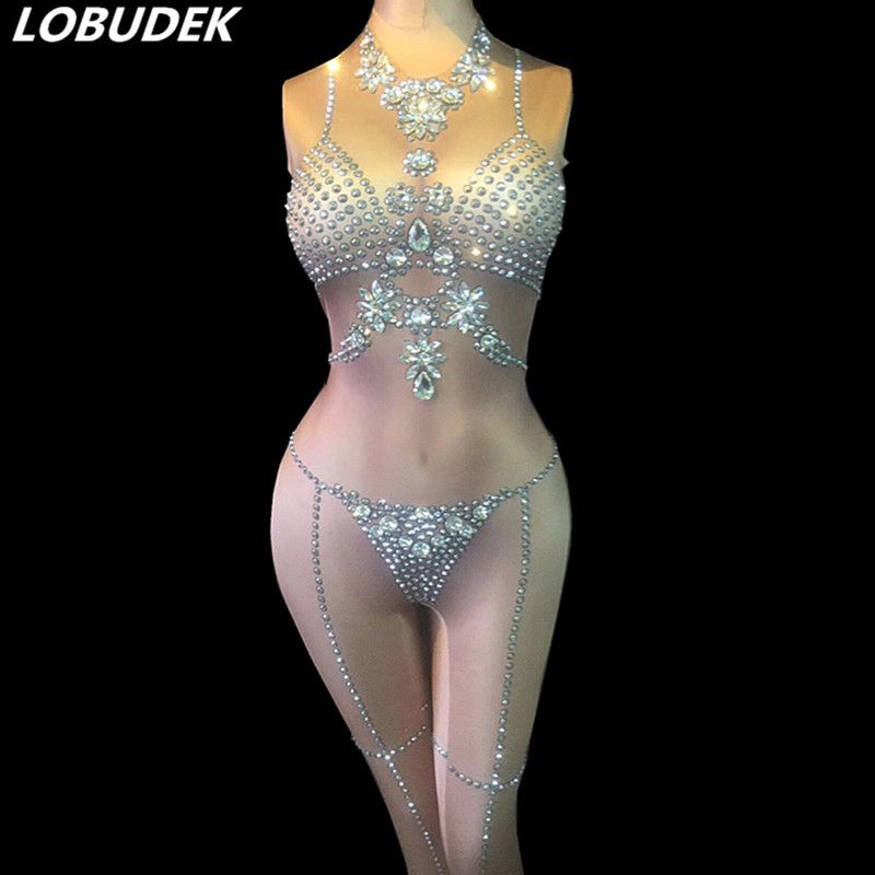 2021 Silvery Rhinestones Skin Color Jumpsuit Sexy Nude Crystals