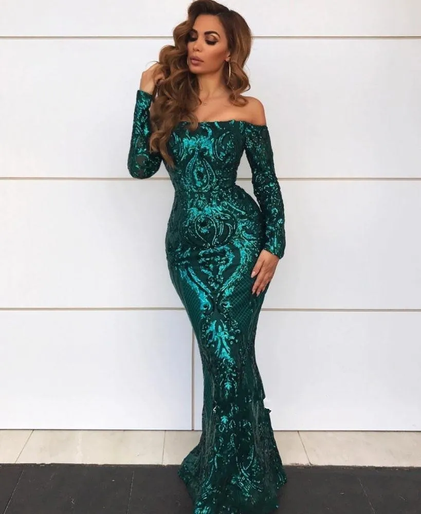 2020 New Sexy Vert Émeraude Or Paillettes Sirène Robes De Soirée Porter
