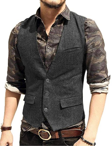 Dark Gray Groom Vests 2019 Wool Herringbone Tweed Vests Custom Made ...