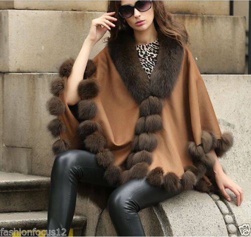 Khaki Winter Cashmere Cape With Real Fox Fur Trim Versatile Faux Fur ...