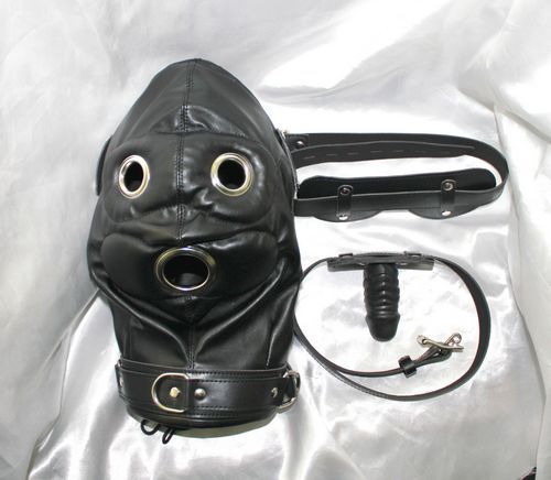 Balck Leather Bondage Restraint Hood Showing Eyes And Mouth With Dildo