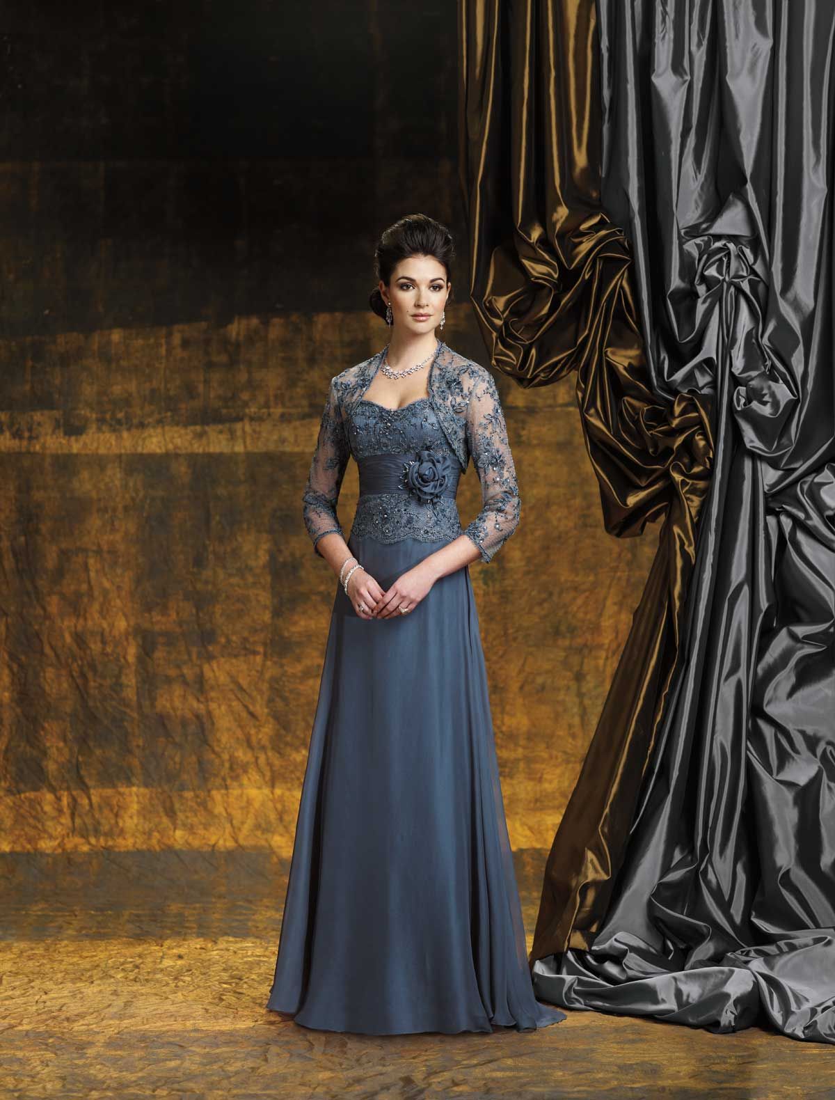 Real Sample Slate Blue Lace Mother Of Bride Dress With Bolero From ...