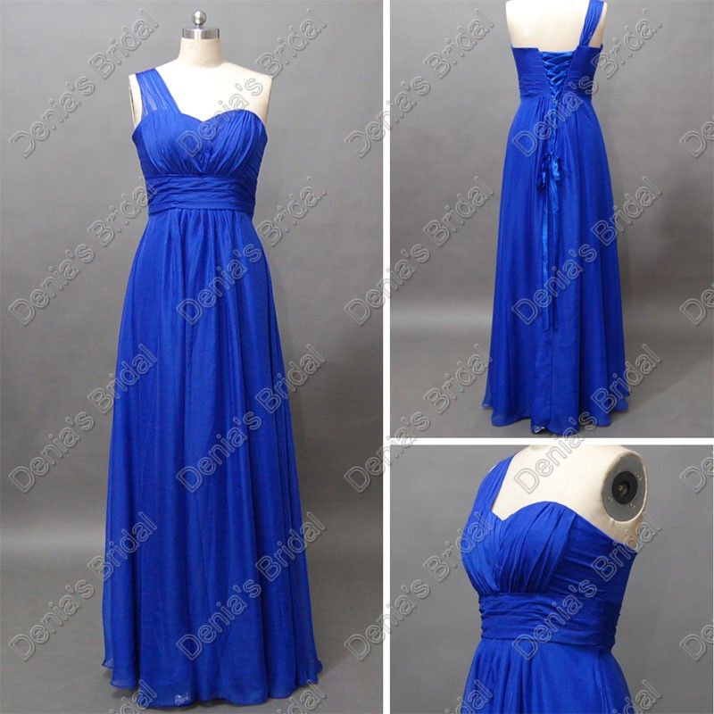 Royal Blue Chiffon Bridesmaid Dresses A Line One Shoulder Sweetheart