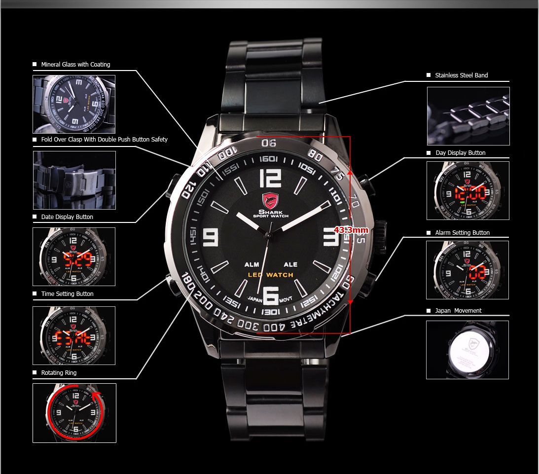 Mens LED Analog Watches Black Steel Quartz Sport Digital Dual Time Date ...