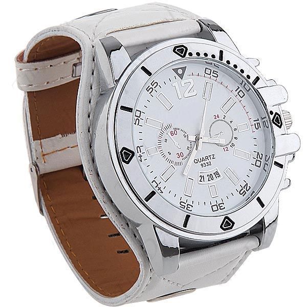 Luxury White Wide Leather Strap Quartz Men Ladies Sport Analog Wrist ...