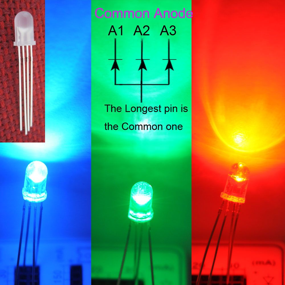 New 5mm 4-Pin Tri-Color RGB Diffused Common Anode Red Blue Green LED ...