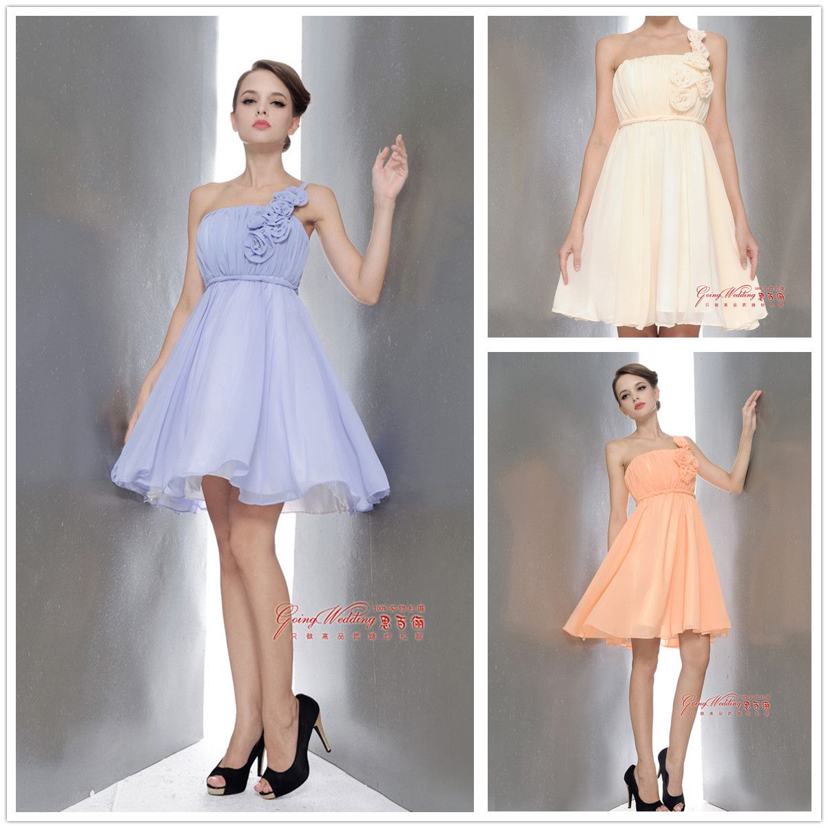 One Shoulder Chiffon Empire Waist Flower Knee Length Bridesmaid