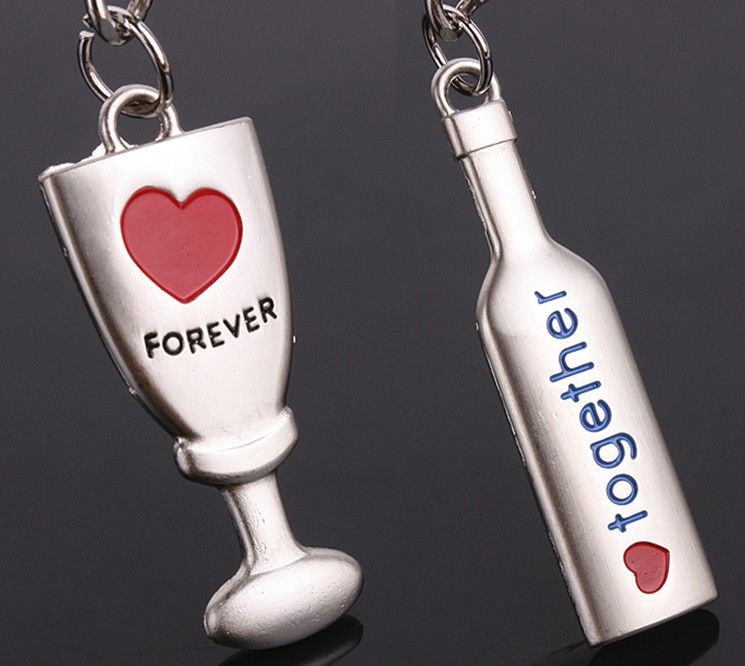 Wine Bottle And Goblet Pendant Key Chain Stainless Steel Metal Chain ...