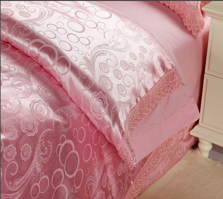 Pink Lace Jacquard Wedding Satin Queen King Size Bedding Set Noble