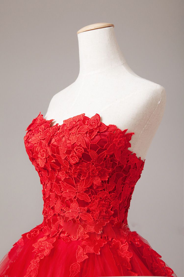 New Fashion Lady Red Ball Gown Wedding Dresses Applique Organza Chapel