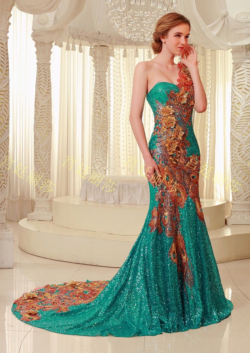 Luxury Peacock Appliqued Hunter With Glod Lace Appliqued One Shoulder Mermaid Pageant Gowns Prom