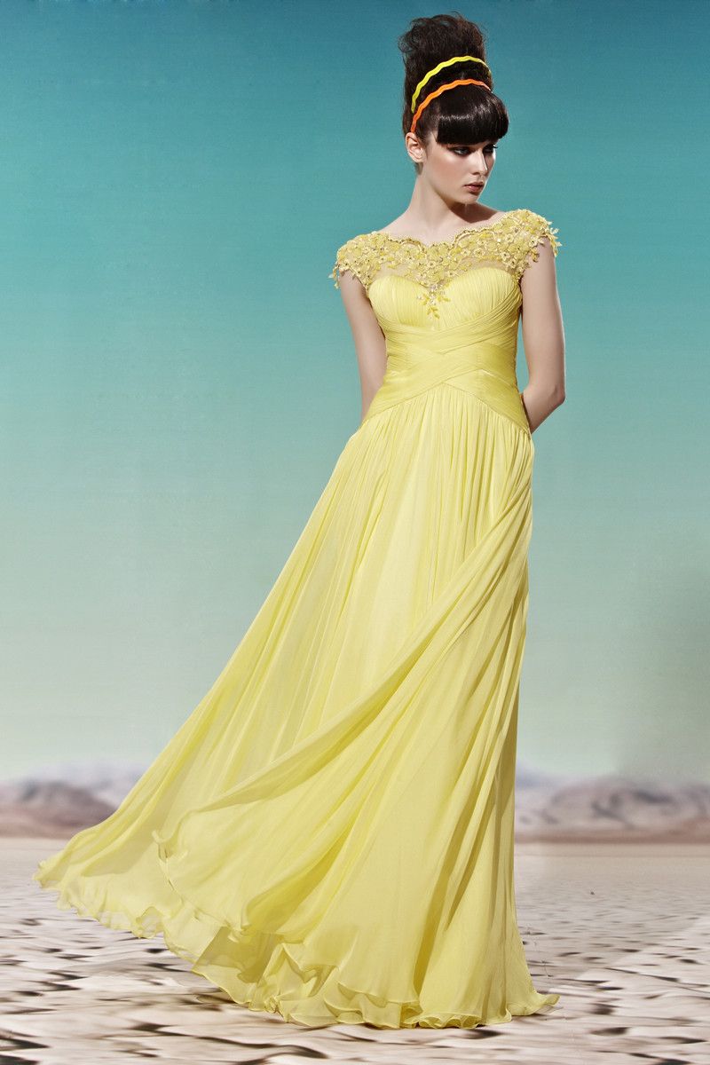! Elegant Bright Pretty Light Yellow Scoop Appliques A Line Prom ...