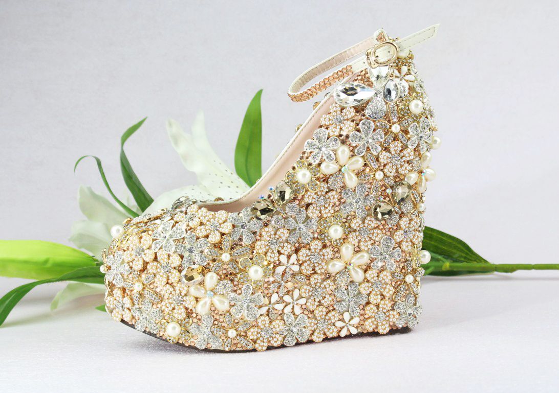 Handmade Luxury Gold Platform Heeled Designer Wedding Wedges 5.5 Inches ...