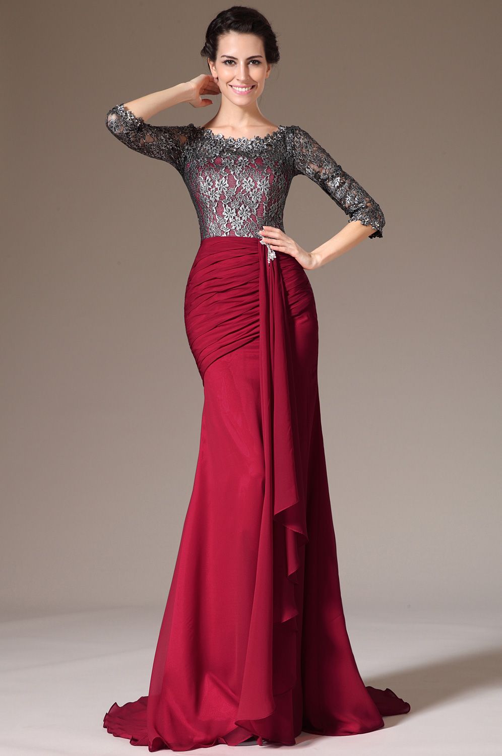 2015 Long Sleeves Evening Dresses Lace Scoop Beaded Chiffon A Line Prom ...