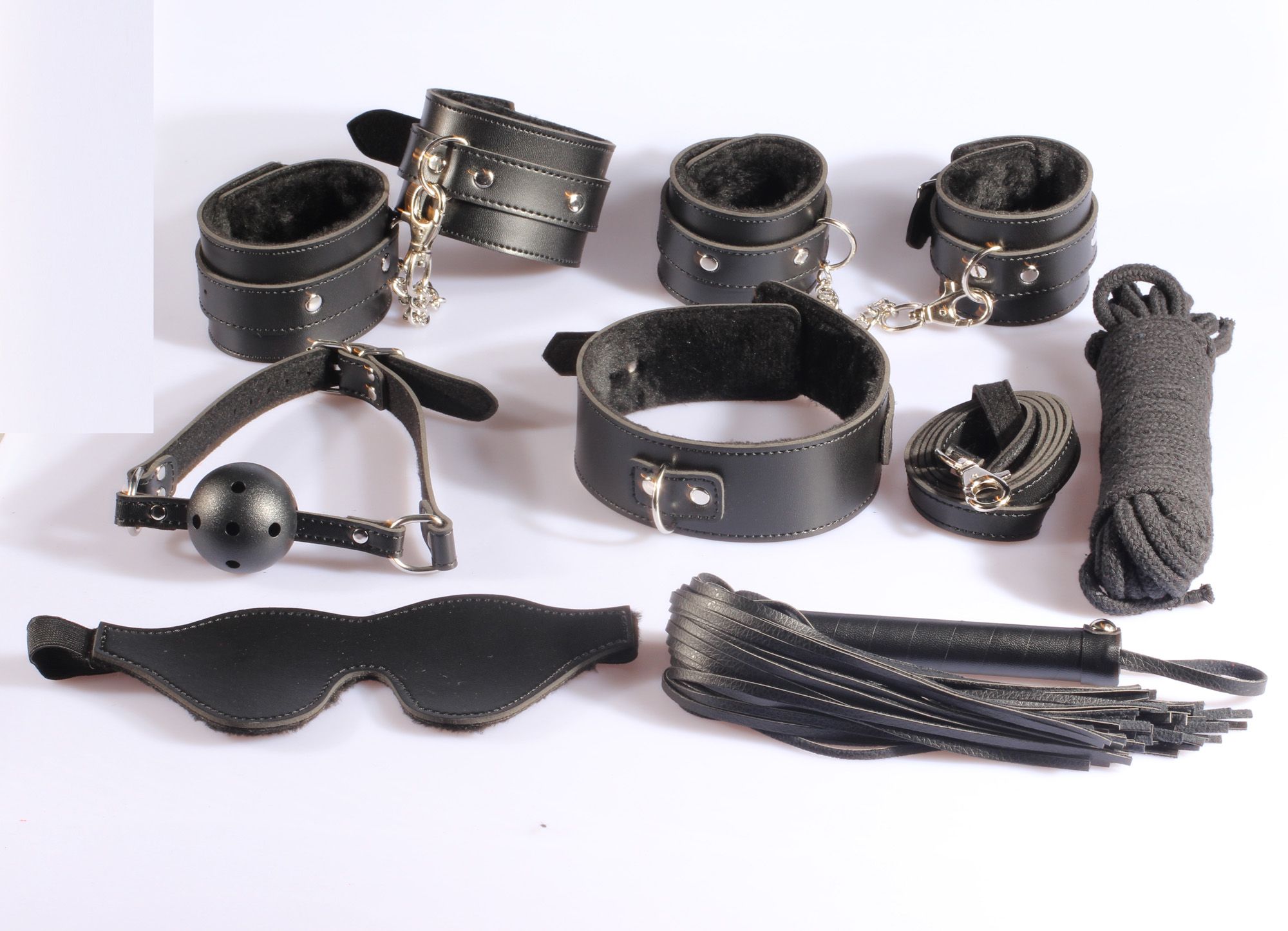New Bdsm Sex Restraint Kit Handcuffs Ankle Cuffs Leather Whip