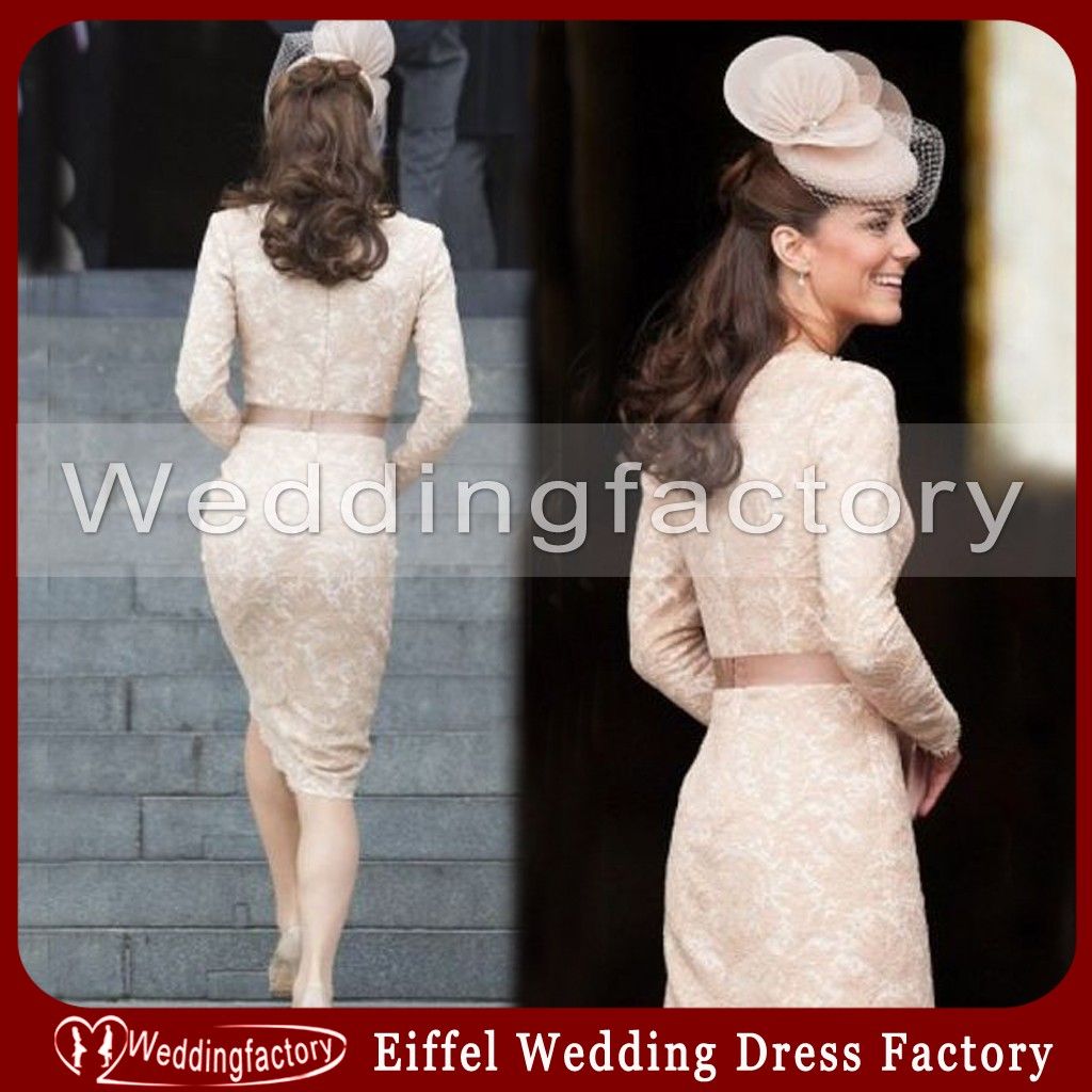 Kate Middleton Dress Sheath Bateau Lace Cocktail Dresses Champagne Long ...
