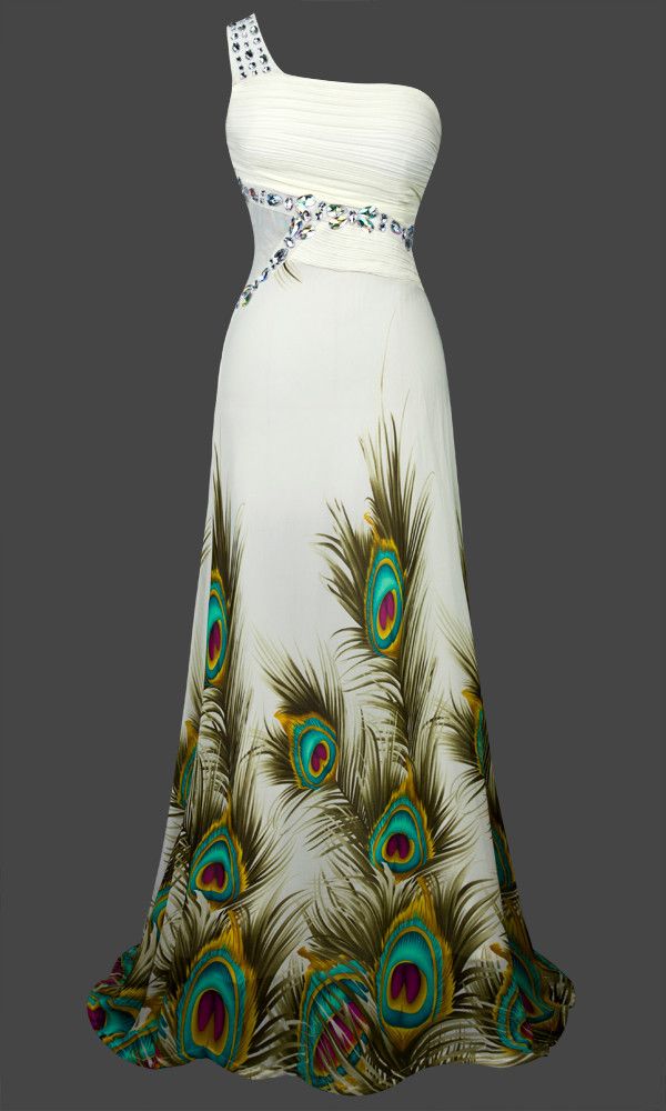 Unique A Line One Shoulder Peacock Rhinestone Maxi Evening Gown Prom