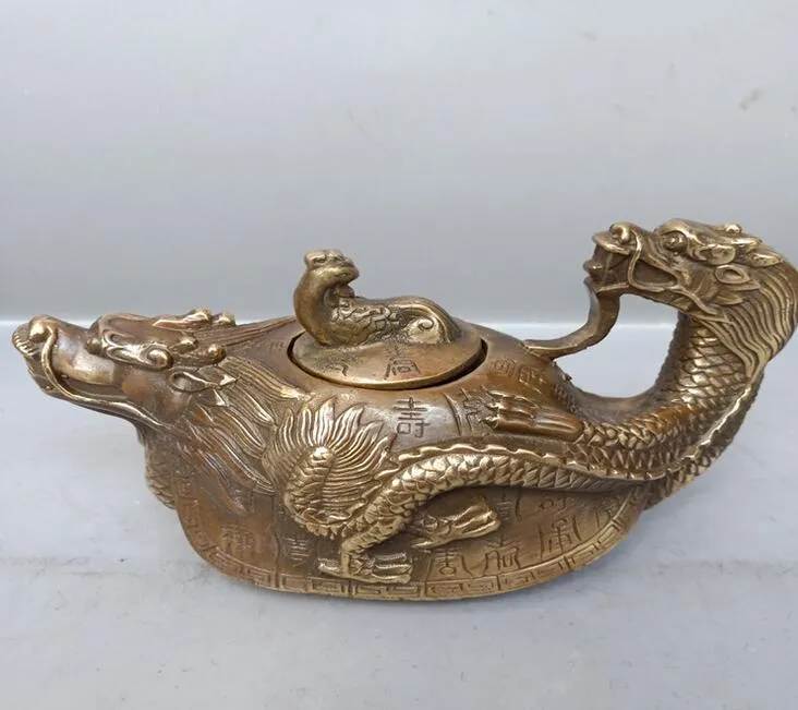 Antique Vieux Cuivre Pur Baishou Dragon Tortue Théière Pot De Cuivre Accessoires De Bureau À ...