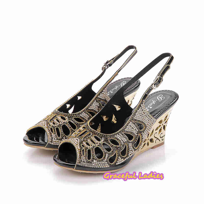 Luxury Black Rhinestones Wedding Shoes Comfortable Wedge Sandals For ...