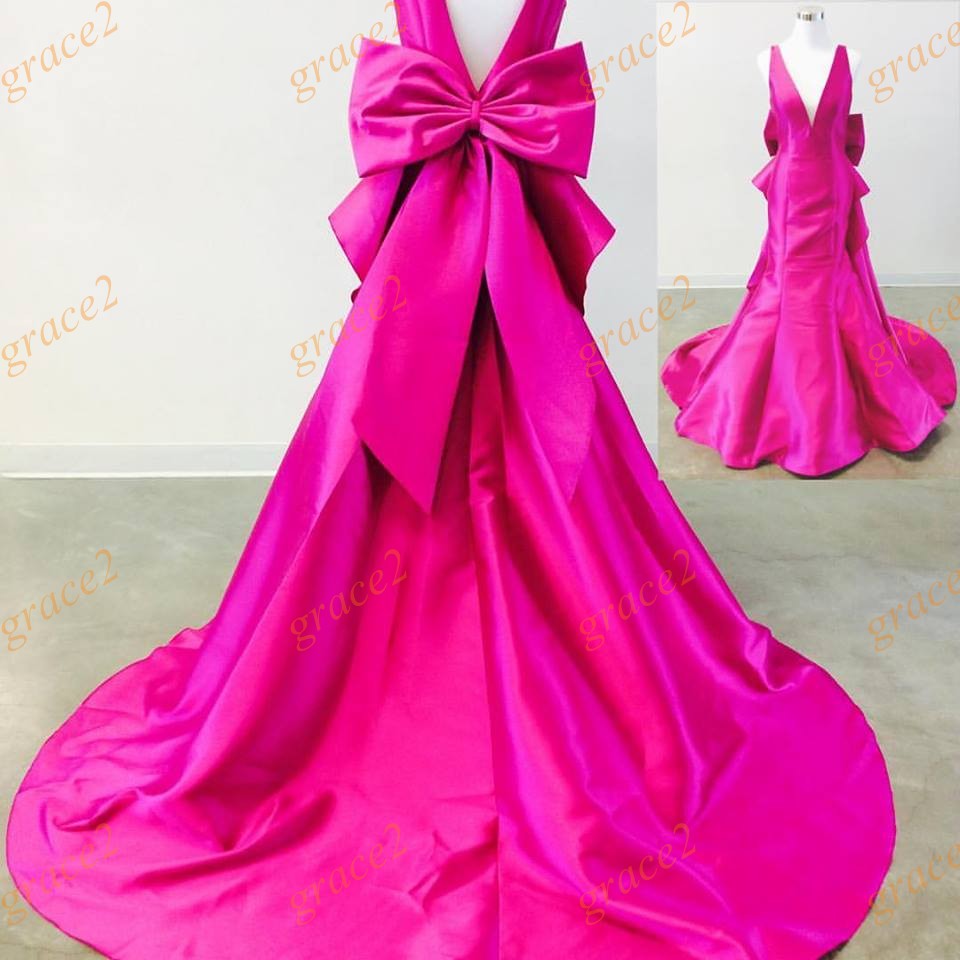 Big Bow Prom Dresses 2017 New with Illusion V-Neck And Deep V Back Real ...