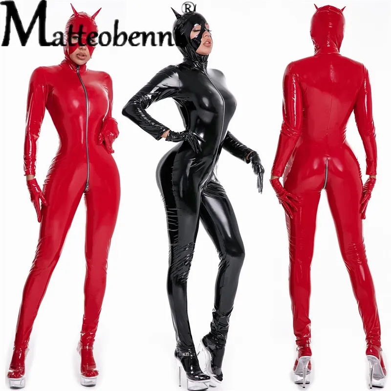 Costumes De Combinaison Femme Sexy Wetlook Latex Catsuit Avec Masque