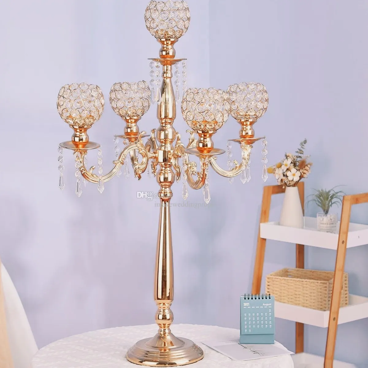Candelabro Europeo Alto Boda 5 Brazos Oro Cristal Candelabros Centros ...