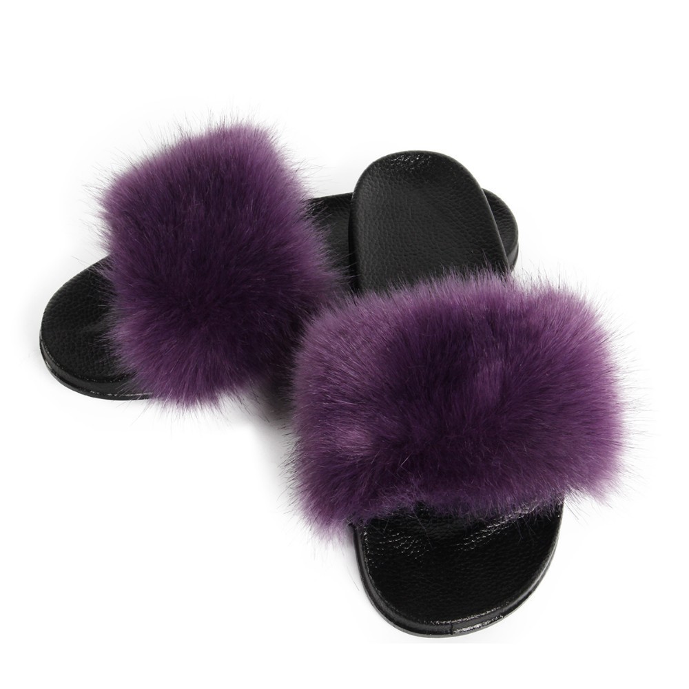 Womens Vegan Faux Fur Slippers Fuzzy Slides Fluffy Sandals Open Toe Indoor Outdoor Shoes Woman ...