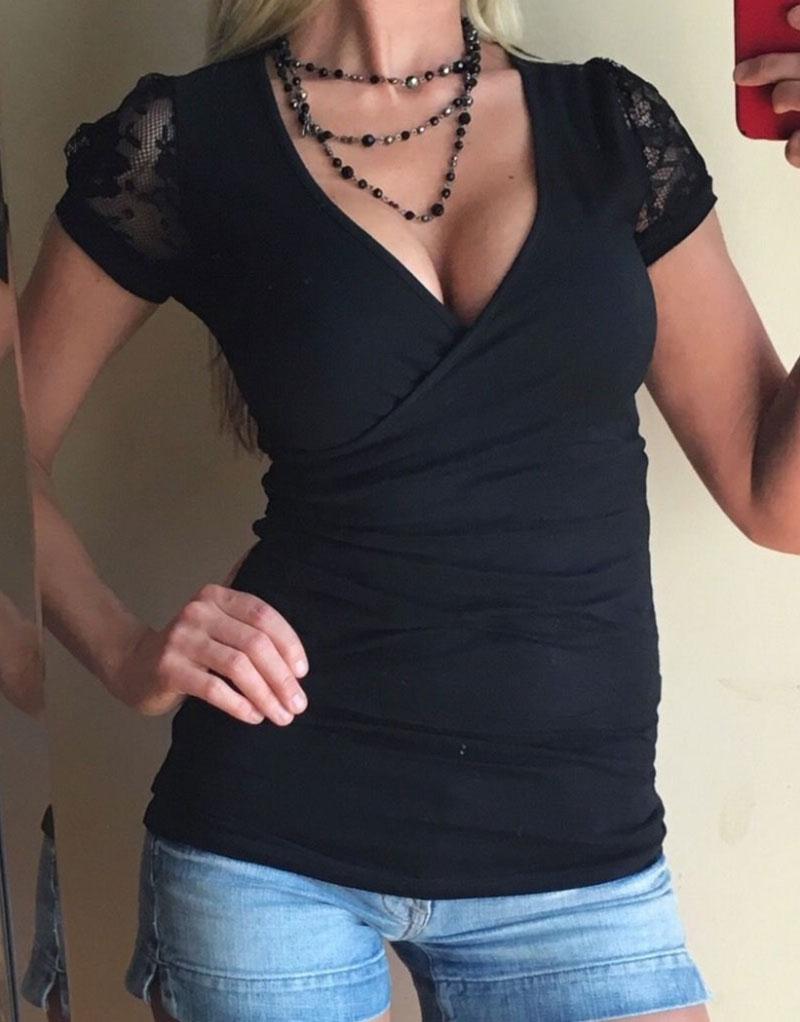 Wrap Shirt Open Chest Top Lace Mesh Embroidery Short Sleeve Deep V Neck ...